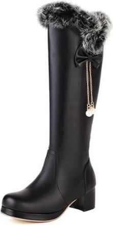 Generic Qynthra Bottes Femmes Genou Fausse Fourrure Bordure Noeud Décoratif Or Chaîne Tassels Talon Bloc Hiver Chaussures Romantique Rencontre Nuit,Noir,35 EU