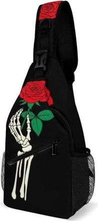 Generic Sacoche Homme Bandouliere Goth Skull Love Squelette Main Tenant Roses Rouge Noire Multifonction Sac Bandouli&egrave;re Casual Crossbody Bag pour Camping Voya