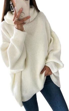 Onsoyours Pull en Tricot Femme Oversize Pullover Col Roulé Manches Longues Sweater Tricoté Chaud Hauts Chandail Automne Hiver A Blanc M