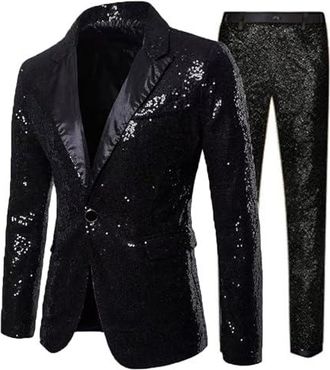 Generic Blazer &agrave; paillettes brillantes pour homme - Ensemble deux pi&egrave;ces - Blazers crant&eacute;s d&eacute;contract&eacute;s et intelligents - Un bouton - Coupe r&eacute;guli&egrave;re - Change