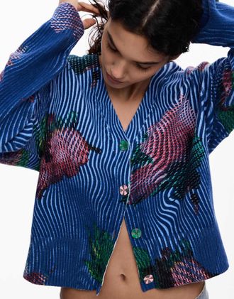 Desigual Gilet &agrave; fleurs - Bleu