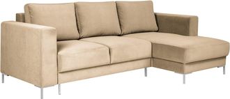 Fredriks home24 Ecksofa Beige Samt Vaia 240 x 88 x 142cm Longchair davorstehend rechts mit Schlaffunktion Modern