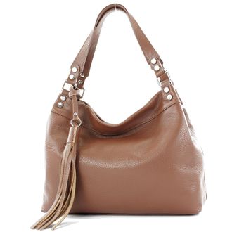 modamoda.de T201 Damen Leder Schultertasche Handtasche handmade in Italy, Farbe:Cognac