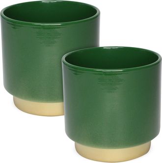 Matches 21 Blumentöpfe 2er Set aus Keramik in Ø 13 x 12 cm Dunkelgrün - Edle Übertöpfe mit goldenem Fuß