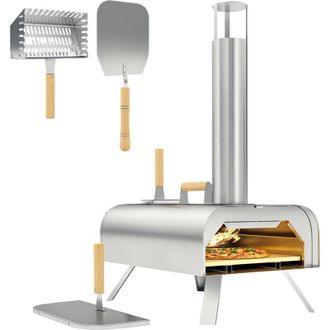 OUTSUNNY Outdoor Pizzaofen Holzbefeuerter Pizza Ofen aus Edelstahl, Backofen mit 1cm dick Pizzastein Klappbein Pizzaschaufel Deckel Tragbarer