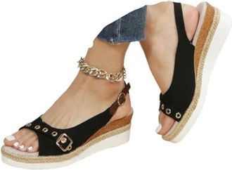 Generic Sandales compens&eacute;es &agrave; bout ouvert et bride arri&egrave;re pour femme avec noeud lat&eacute;ral, style d&eacute;contract&eacute;, talon mi-bas, toile avec noeud papillon, Tb Noir,