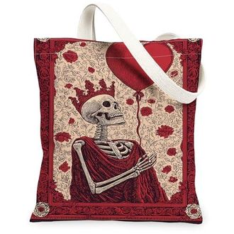 Generic Sac fourre-tout vintage gothique squelette en toile r&eacute;utilisable motif t&ecirc;te de mort florale sac d&eacute;picerie fourre-tout l&eacute;ger lavable pour Halloween, ex