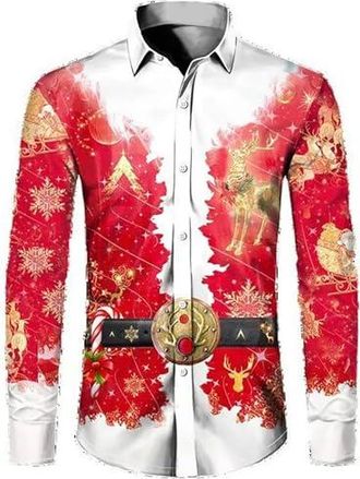 Generic Chemise de No&euml;l pour homme, chemise de No&euml;l &agrave; manches longues, dr&ocirc;le, chemise &agrave; manches longues, col rabattu avec motif de No&euml;l, chemise de No&euml;l confo