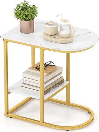 Costway GIANTEX Table dAppoint à 2 Niveaux Effet Marbre, Bout de Canapé en Forme de C, Design Moderne, Cadre en Métal Doré, Coussinets de Pieds Réglables, Tab