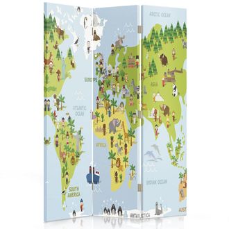 Feeby Frames Raumteiler, Gedruckten auf Canvas, Leinwand Wandschirme, dekorative Trennwand, Paravent einseitig, 3 teilig (110x150 cm), Karte DER Welt, DIE Welt, Ki