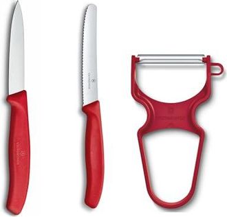 Victorinox by Swiss Army Swiss Classic Gemüsemesser-Set, 3-teilig, Inkl. Tomatenmesser Wellenschliff, Gemüsemesser und Sparschäler, Spülmaschinengeeignet, rot