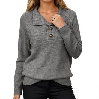 Generic Pull &agrave; col montant boutonn&eacute; en tricot torsad&eacute; pour femme, pull d&eacute;contract&eacute; &agrave; manches longues en tricot de couleur unie, tendance, gris fonc&eacute;, XL