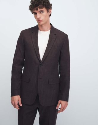 Abercrombie & Fitch Einreihiger Blazer aus Leinenmix in Braun gestreift mit schmalem Schnitt, Kombiteil