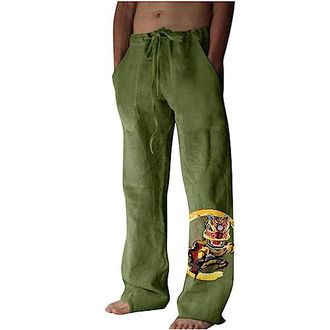 Generic Pantalon en lin pour hommes respirant : pantalon d&eacute;t&eacute; avec imprim&eacute; pantalon de plage avec taille &eacute;lastique pantalon de loisirs jambe droite pantalon &agrave;