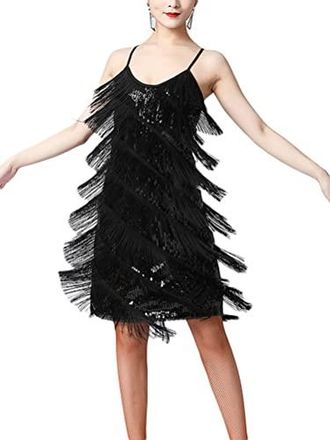 ORANDESIGNE Robe de Danse Latine Femme Robe Années 20 Flapper Sequins Paillettes Gatsby Couleur Unie sans Manches Bretelles Spaghetti Robe a Frange Cocktail Robe 