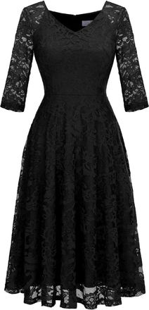 Dressystar Damen Elegant Spitzenkleid 3/4 &Auml;rmel Party Midi Abschlusskleider Kurz Cocktailkleid Schwarz M