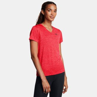 Under Armour Tech Twist Kurzarm-Oberteil mit V-Ausschnitt f&uuml;r Damen Venom Rot / Wei&szlig; XXL
