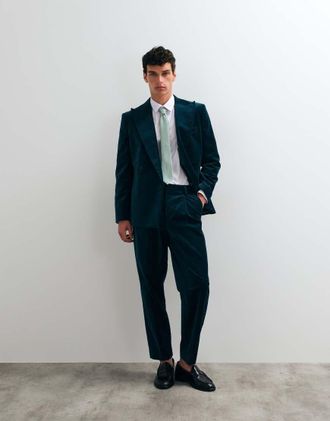 Asos Pantalon de costume fusel&eacute; d&eacute;contract&eacute; en velours de coton avec plis devant - Bleu sarcelle fonc&eacute;-Vert