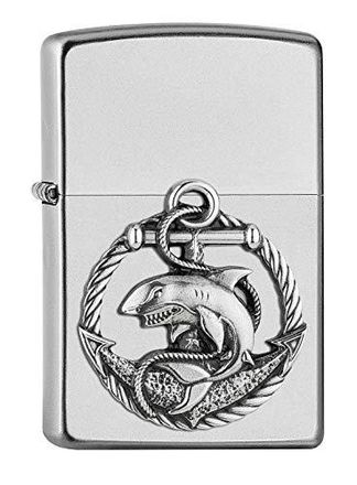 Zippo Sturmfeuerzeug, Shark Emblem, Emblem Attached, Satin Chrome, nachfüllbar, in hochwertiger Geschenkbox