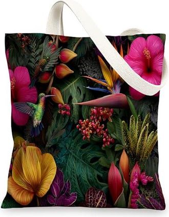 Generic Sac fourre-tout en toile à motif floral tropical, coloré, réutilisable, léger et lavable avec bandoulière pour Shoppi, multicolore, 13x15 Inch