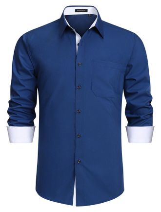 Hisdern Hemd Langarm Herren Marine Blau Formale Hemd Herren Business Regular Fit Button Down Arbeit Hochzeit Freizeithemden mit Taschen,Marine Blau,3XL