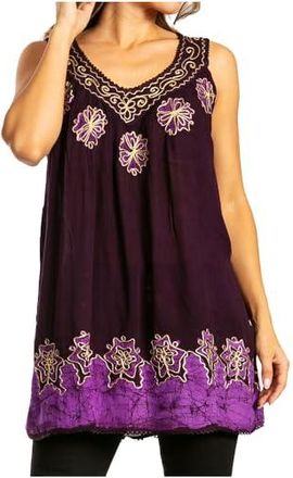 Sakkas 097 Broderie Batik Chemisier Col V sans Manches-Bourgogne - Aubergine/Taille Unique
