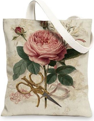 Generic Sacs fourre-tout vintage en toile à motif floral, sacs de courses réutilisables, légers et lavables à bandoulière pour G, Pêche, 13x15 Inch