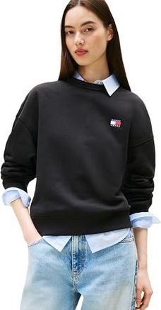 Tommy Jeans Pull &agrave; col Rond pour Femme avec Logo du Drapeau brod&eacute;, Noir, Large