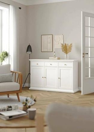 Dmora Kommode Frederique, Wohnzimmerbuffet, Wohnzimmer-Sideboard, Moderne Küchen-Speisekammer, 144x46 h92 cm, Weiß