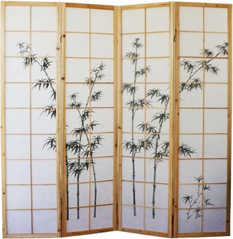 PEGANE Pegane - Paravent en bois et bambou coloris naturel avec dessin sombre de 4 pans