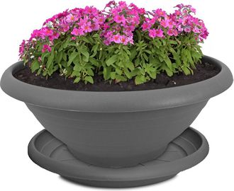 Matches 21 Pflanzkübel und Untersetzer als wetterfeste Pflanz-Schale mit Loch - runder 45 cm Pflanztopf in grau als frostsicherer Blumenkübel für außen - großer 