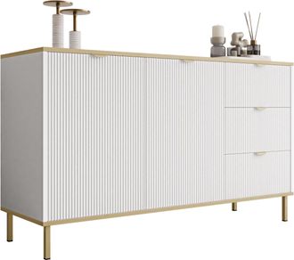 Mirjan24 Kommode Werkoz 2D3S mit 2 Türen und 3 Schubladen, innen 2 Fächer, Türkommode mit goldenen Details, Highboard, Anrichte, Sideboard (Weiß + Gold)