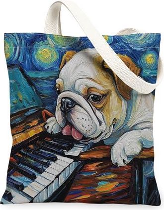 Generic Sac fourre-tout en toile motif bouledogue pour le shopping, 33 x 38 cm, motif piano nocturne &eacute;toil&eacute;, sac d&eacute;picerie r&eacute;utilisable pour femme, animal de 