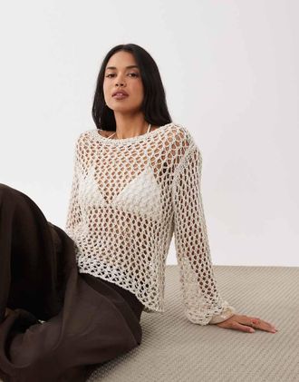 Gina Tricot Gina Tricot - Top en maille crochet&eacute;e ajour&eacute;e - Beige neutre-Neutral