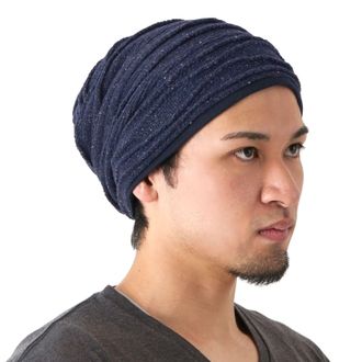 Charm by Casualbox Herren Baumwolle Beanie M&uuml;tze - Strick Falten Long Chemo Hut Weich Bio Navy