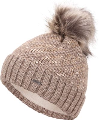 Faera Winterm&uuml;tze M&uuml;tze Damen warm gef&uuml;ttert mit Kunstfell Bommel Bommelm&uuml;tze Fleecefutter Winter Strickm&uuml;tze Beanie M&auml;dchen 42, Farbe:Beige