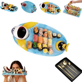 Generic Hai-Charcuterie-Brett, 3-in-1-Hai-Sushi-Teller Mit Dip-Sauce-Schale, Lustiger Handgefertigter Keramik-Hai-Taco-Halter, Hitzebest&auml;ndig Bis 1300 &deg;C, Mik