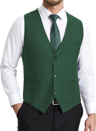 Hisdern Anzugweste f&uuml;r Herren Gr&uuml;n Formelle Hochzeit Anzug Westen Klassische Einfarbig Weste Elegant Smoking Anzugwesten M&auml;nner mit Taschen XXL