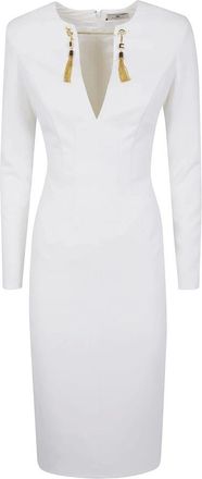 Elisabetta Franchi Femme, Robes, Blanc, Taille: 38 FR Robe Midi Tailleur avec Col en V et D&eacute;tail de Gland