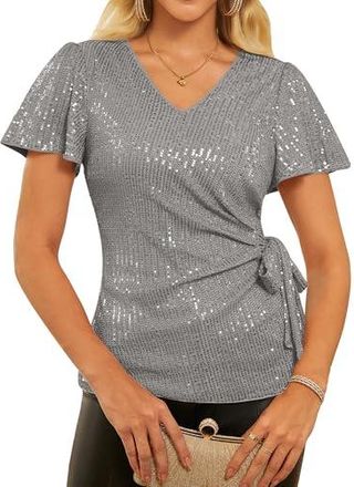 Grace Karin Femme Haut Chic &Agrave; Sequins Blouse Soir&eacute;e &Eacute;l&eacute;gante &Agrave; Paillettes Top De F&ecirc;te Col en V Manches &Agrave; Volants Courtes Gris XL