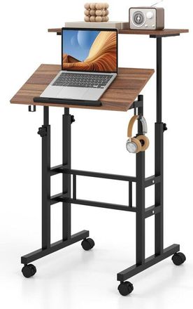 Costway Costway - Bureau Debout Mobile, Chariot pour Ordinateur Portable &agrave; Hauteur R&eacute;glable avec Plateau Angle Ajustable, 2 Crochets Amovibles et roulettes