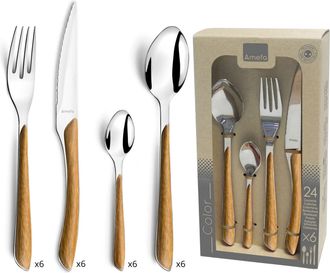 Amefa ECLAT Besteck Set NATURE Braun Holz Essbesteck 24-teilig f&uuml;r 6 Personen Edelstahl rostfrei Kunststoff-Griffschalen in Holzoptik sp&uuml;lmaschinenfest Best