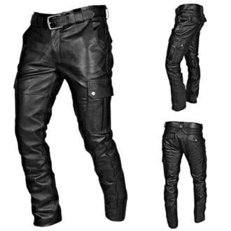 Generic Pantalon en cuir synth&eacute;tique pour homme avec plusieurs poches, pantalon cargo punk en cuir synth&eacute;tique, pantalon r&eacute;tro, gothique, coupe ajust&eacute;e, panta