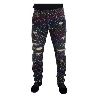 Dolce & Gabbana Schwarze Multicolor Print Zerrissene Denim Jeans - - Jeans - Herren - Mehrfarbig - L
