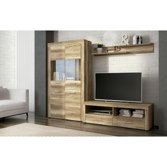 PEGANE Ensemble de salon meuble TV + 1 &eacute;tag&egrave;re murale + vitrine haute coloris ch&ecirc;ne ch&ecirc;ne vieilli -PEGANE