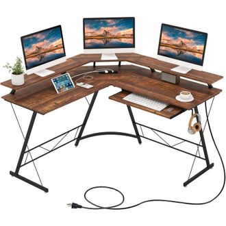 Costway Costway - Eckschreibtisch mit Steckdose und USB-Ladeanschluss, L-f&ouml;rmiger Schreibtisch, Computertisch mit Monitorst&auml;nder, Tastaturablage &