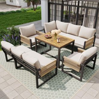 STILVORA Salon de Jardin avec 1 Table, 2 Canap&eacute;s 2 Places, 2 Fauteuils, 1 Fauteuil sans Accoudoirs et 1 Canap&eacute; dAngle, pour 7-8 personnes, M&eacute;tal et