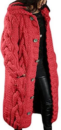 Onsoyours Femme Gilets Cardigan Long en Tricoté Veste Capuche Veste en Tricot Chaud Hiver Pull Ouvert Manteau Chaud Épais Blouson Gilet Grosse Maille Rouge Oran