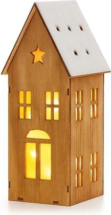 Com-Four Maison en Bois illumin&eacute;e &agrave; Poser avec lumi&egrave;res LED et minuterie de 6 Heures - D&eacute;coration de No&euml;l pour Table ou Rebord de fen&ecirc;tre (1 pi&egrave;ce - Maison ave