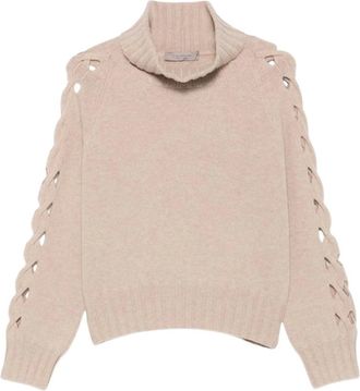 D.exterior Pull &agrave; col roul&eacute; &agrave; manches ajour&eacute;es - Femme - Pulls - Beige - Taille: 38 FR